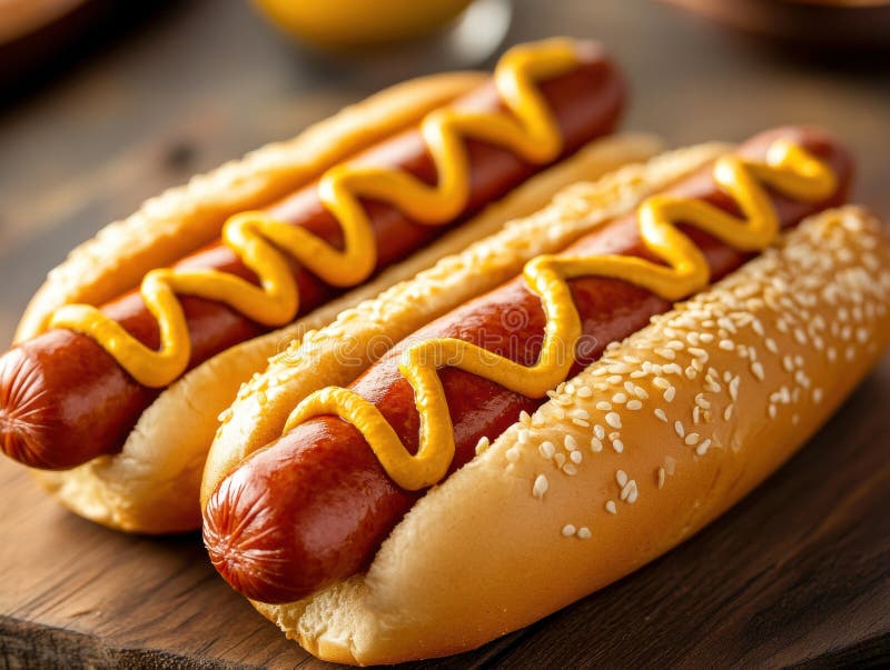 Two Hot Dogs with Mustard and Sesame Seeds on Top Stock Illustration ...