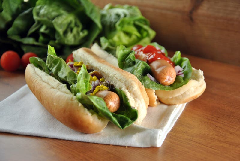 Two hot dogs with salad stock photo. Image of appetizer - 36071076