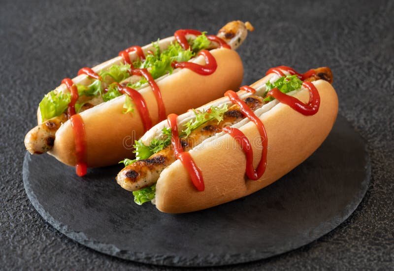 Two Hot Dogs on Stone Board Stock Photo - Image of fresh, closeup ...