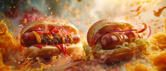 Two Hot Dogs with Toppings Explode with Flavor Stock Illustration ...