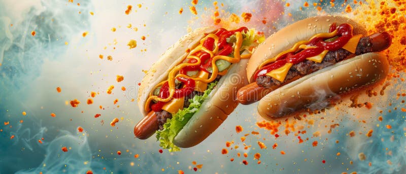 Two Hot Dogs with Toppings Flying through the Air Stock Illustration ...