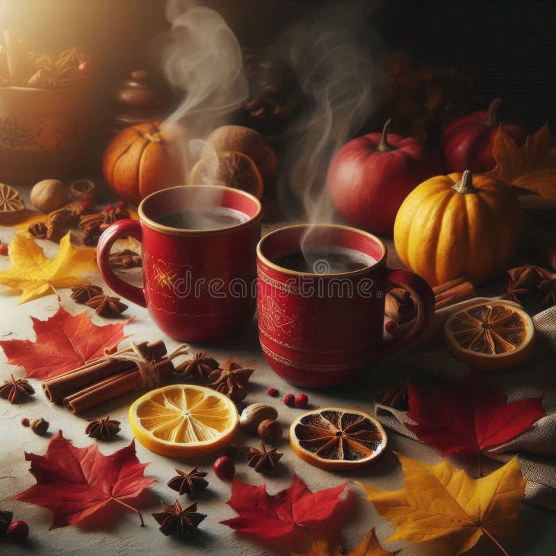 Two Hot Drinks among Autumn Leaves and Spices. Stock Photo - Image of table, warmth: 342519686