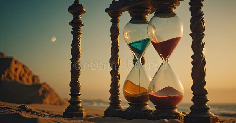 Two Hourglasses Are Shown In A Row With The Sand Between Them The Sand Is Red And The