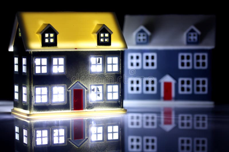 Two Houses at Night, One Has Lights on Stock Image - Image of miniature ...