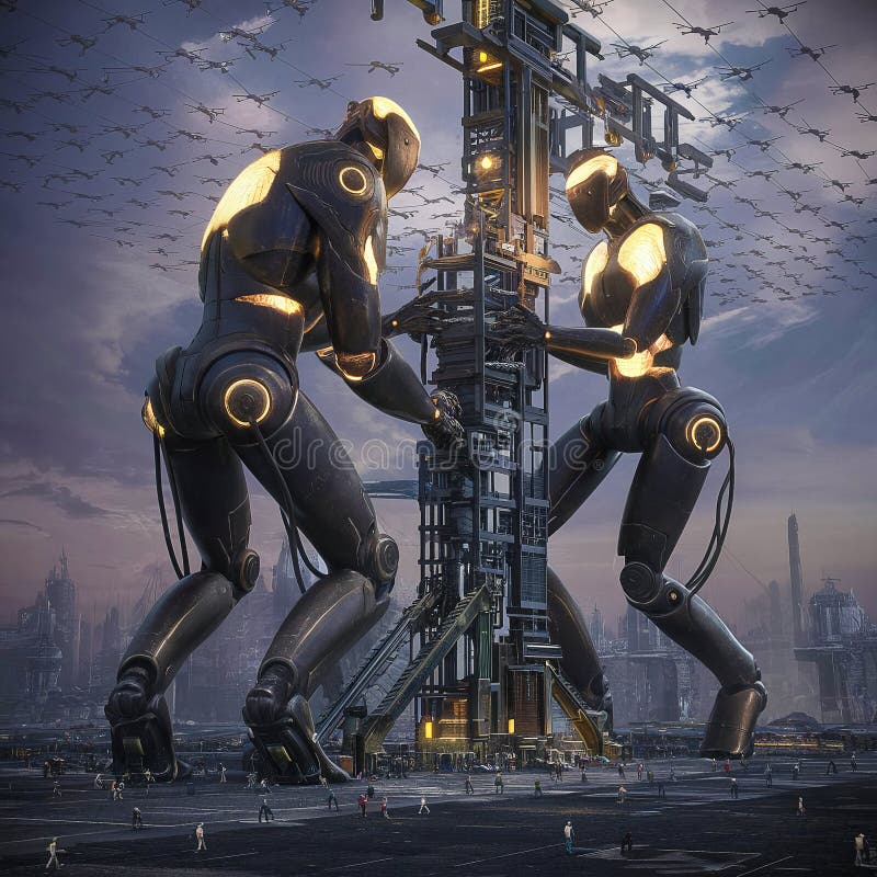 Two Huge Robots Building a Tower Stock Photo - Image of robotic ...
