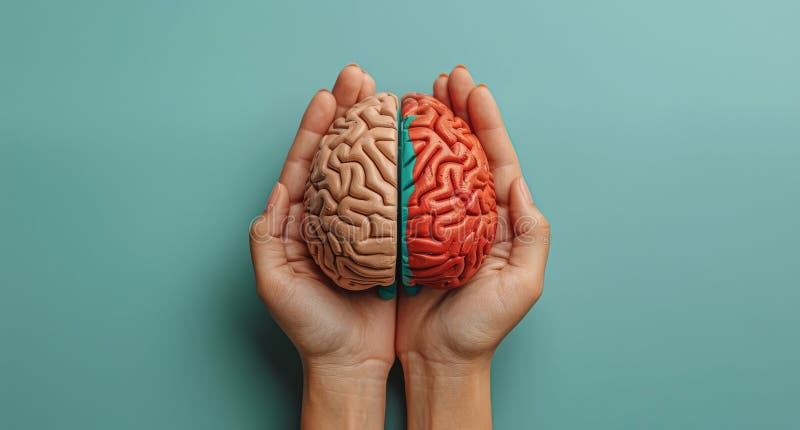 Two Human Brain Models Held in Hands Against a Teal Background Stock ...