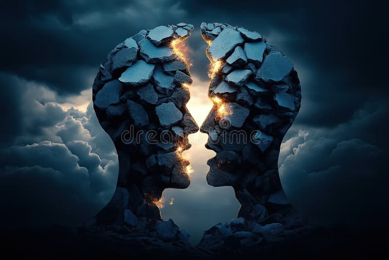 Two Human Figures Emerge from a Globe, Representing Separation and ...