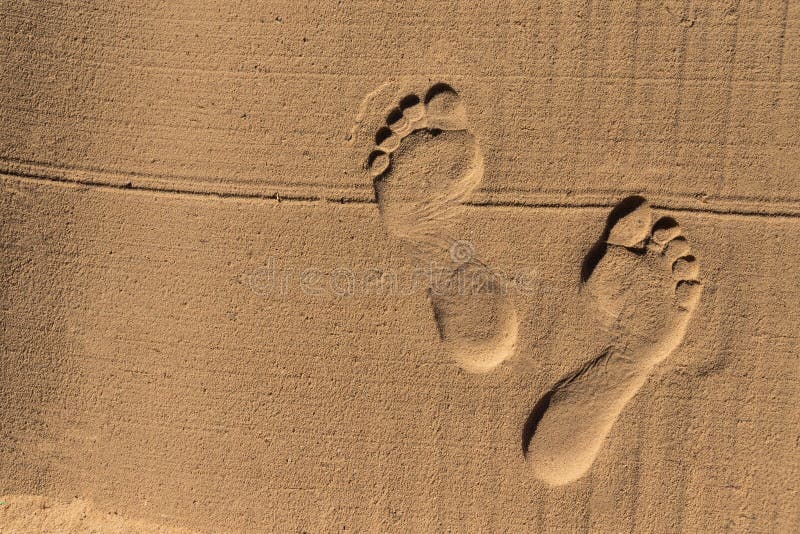 Two Human Footprints in the Sand on the Beach. Copy Space Stock Image ...