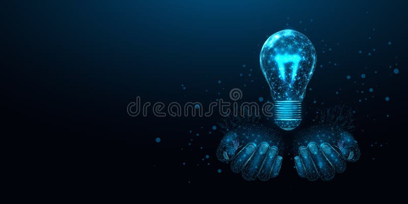 Two Human Hands Hold Lightbulb. Wireframe Glowing Low Poly Style ...