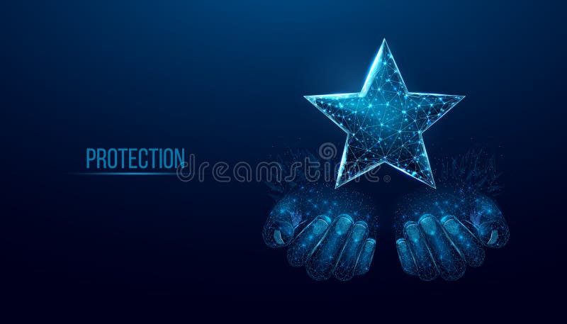 Two Human Hands Hold a Star. Wireframe Glowing Low Poly Design on a ...