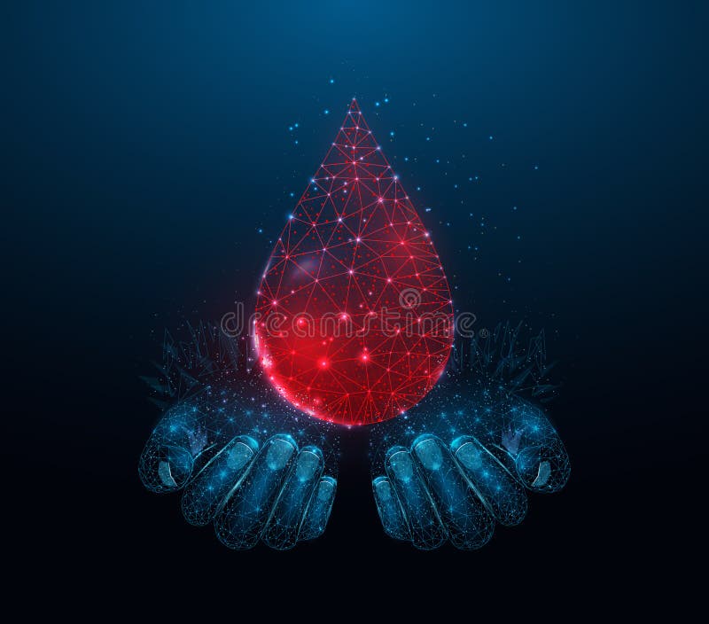 Two Human Hands are Holds Blood Drop. Wireframe Glowing Low Poly Design ...