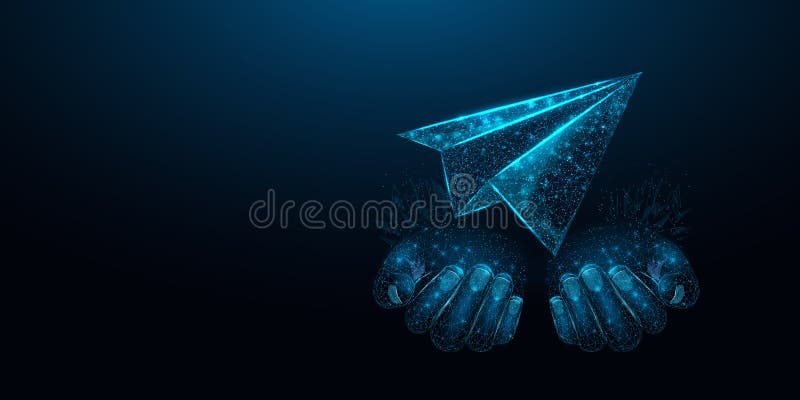 Two Human Hands are Holds Paper Plane. Wireframe Glowing Low Poly Plane ...