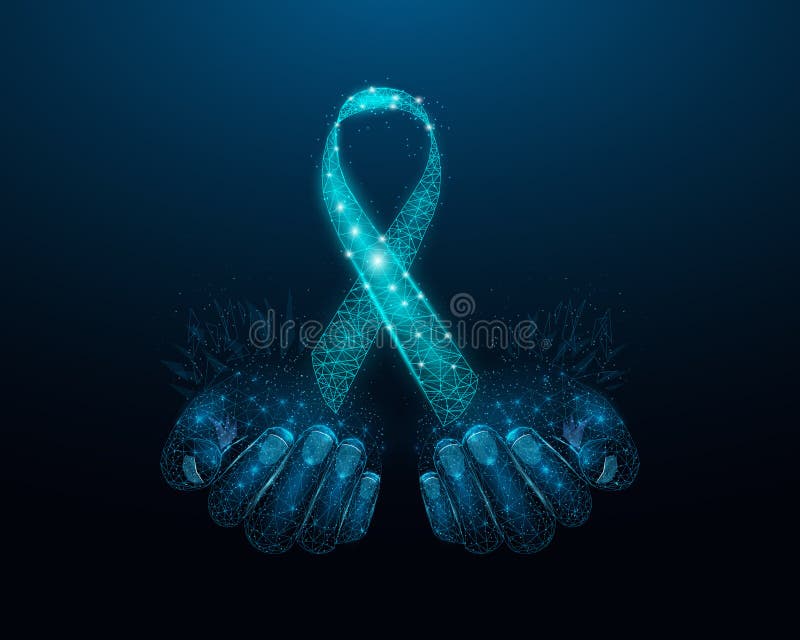 Two Human Hands are Holds Teal Ribbon Awareness. Wireframe Glowing Low ...