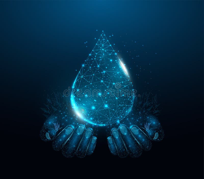 Two Human Hands are Holds Water Drop. Wireframe Glowing Low Poly Design ...