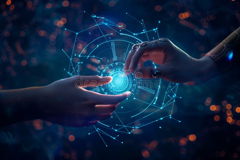 Two Human Hands Reaching Towards a Glowing Digital Interface. Stock ...