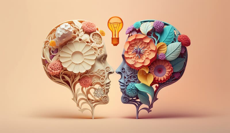 Two Human Head Made of Flowers in Bulb Light. Generative AI Stock ...