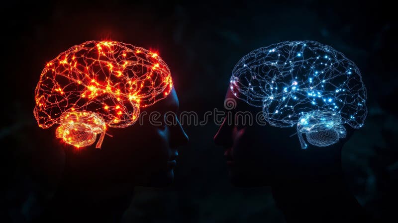 Two Human Heads Facing Each Other Each with a Glowing Brain ...