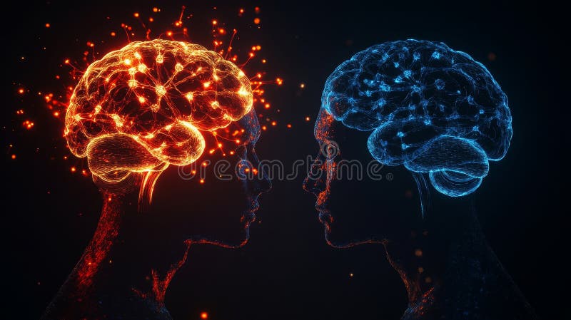 Two Human Heads with Glowing Brains Facing Each Other Symbolizing ...