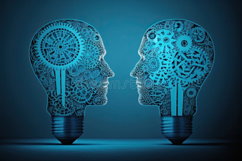 Two Human Heads Made of Gears with Light Bulb Shape on Colorful ...