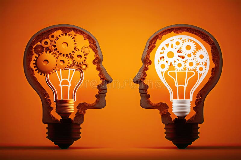 Two Human Heads Made of Gears with Light Bulb Shape on Colorful ...