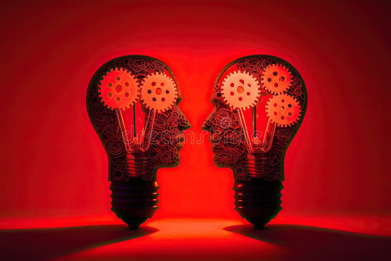 Two Human Heads Made of Gears with Light Bulb Shape on Colorful ...