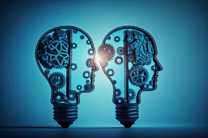Two Human Heads Made of Gears with Light Bulb Shape on Colorful ...