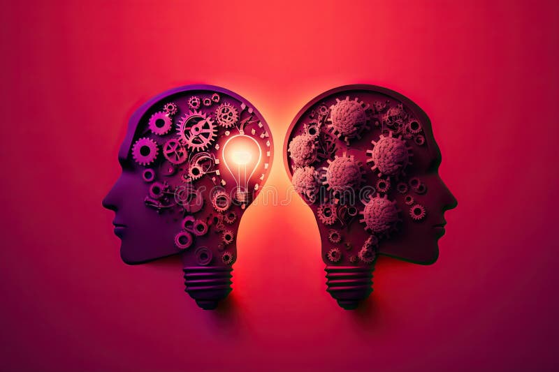 Two Human Heads Made of Gears with Light Bulb Shape on Colorful ...