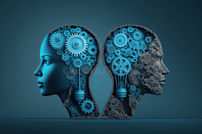 Two Human Heads Made of Gears with Light Bulb Shape on Colorful ...