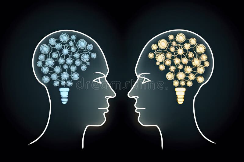 Two Human Heads Made of Gears with Light Bulb Shape Inside Stock ...