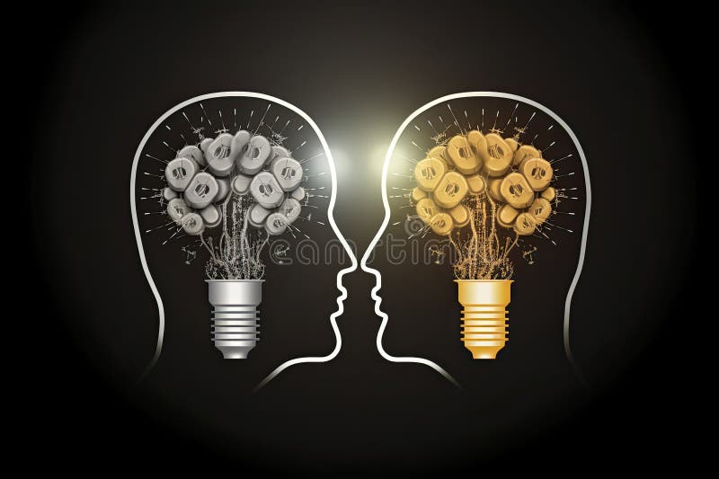 Two Human Heads Made of Gears with Light Bulb Shape Inside Stock ...