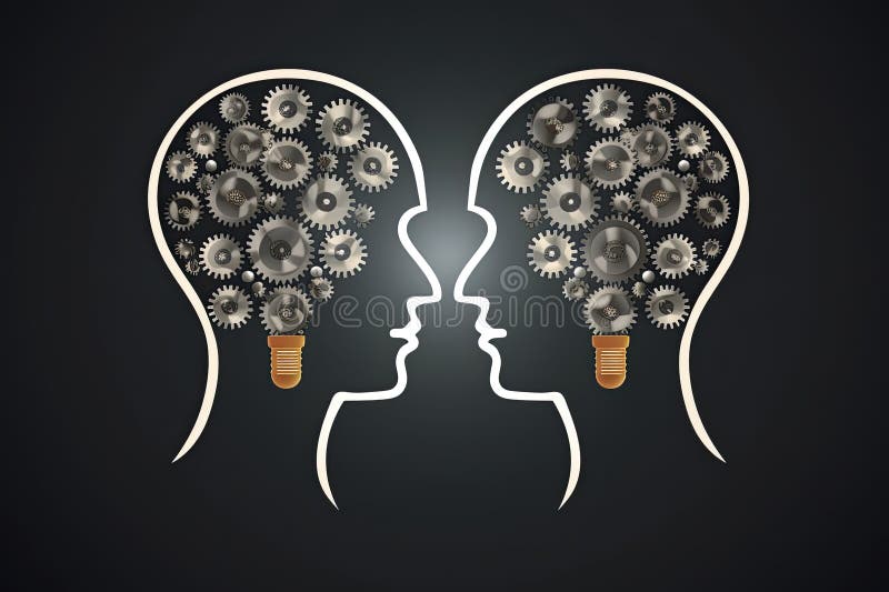 Two Human Heads Made of Gears with Light Bulb Shape Inside Stock ...