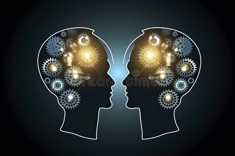 Two Human Heads Made of Gears with Light Bulb Shape Inside Stock ...