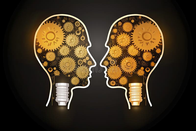 Two Human Heads Made of Gears with Light Bulb Shape Inside Stock ...