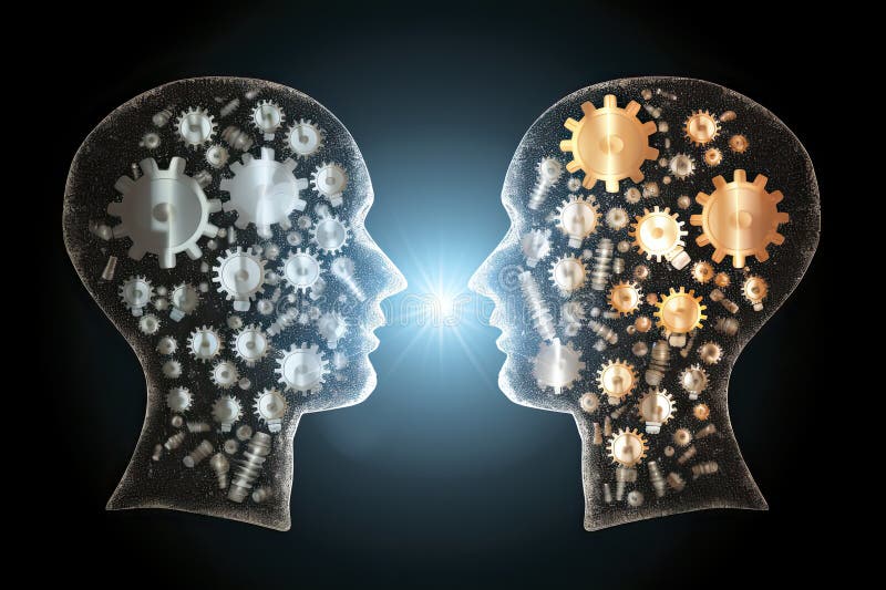 Two Human Heads Made of Gears with Light Bulb Shape Inside Stock ...