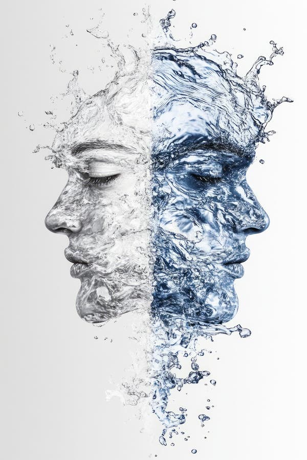 Two Human Profiles Merge with Flowing Water, Visually Representing the ...