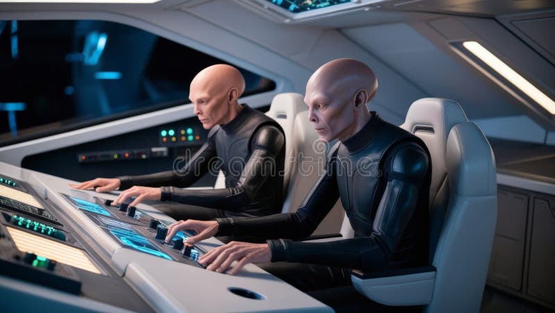 Bald Aliens in Black Suits Piloting Spaceship Stock Image - Image of ...