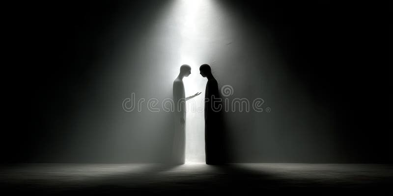 Two Humanoid Figures Stand Face To Face in Dramatic Lighting, Evoking ...