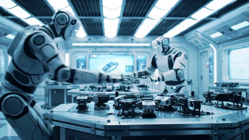 Two Humanoid Robots Assembling Advanced Technology Components in a ...
