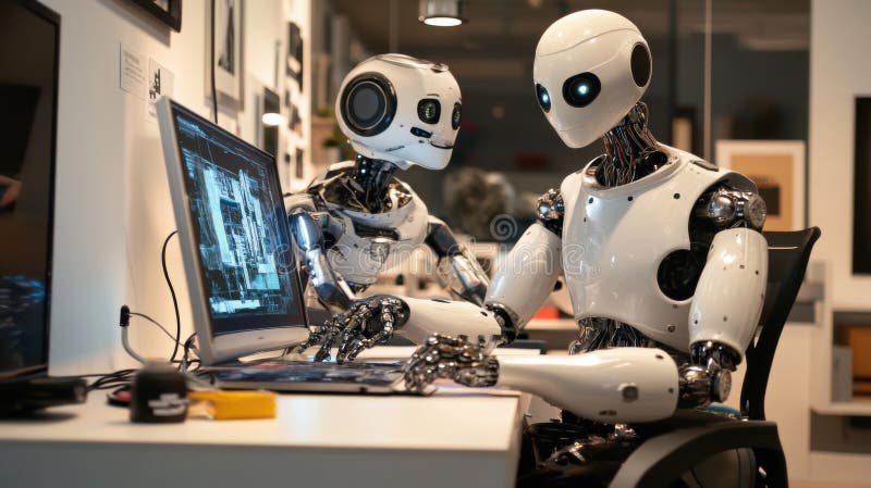 Two Humanoid Robots Collaborating at a Modern Workstation Together ...