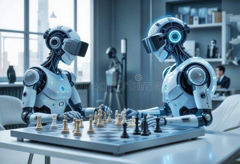 Advanced Robots Engage in Strategic Chess Match in Futuristic Workspace ...