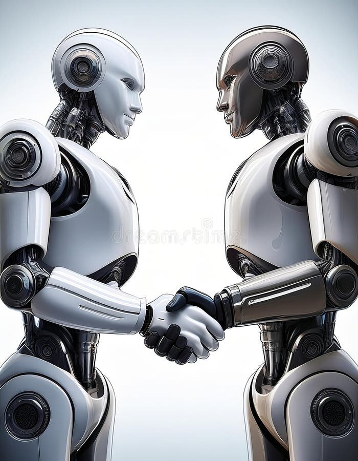 Two Humanoid Robots Engage in a Handshake, Symbolizing Collaboration ...