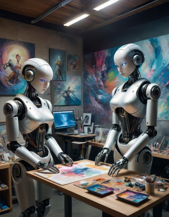 Artistic Robots Painting in Studio Stock Illustration - Illustration of ...