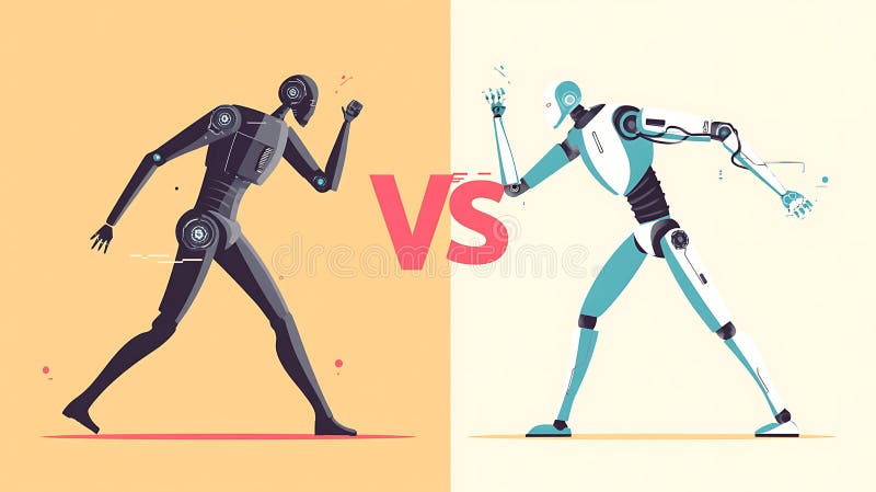 Two Humanoid Robots Face Each Other in a Confrontational Stance. the ...