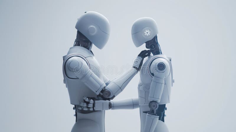 Two Humanoid Robots Face Each Other, Their Hands Clasped in a Human ... Two Humanoid Robots Face Each Other, Their Hands Clasped in a Human ...