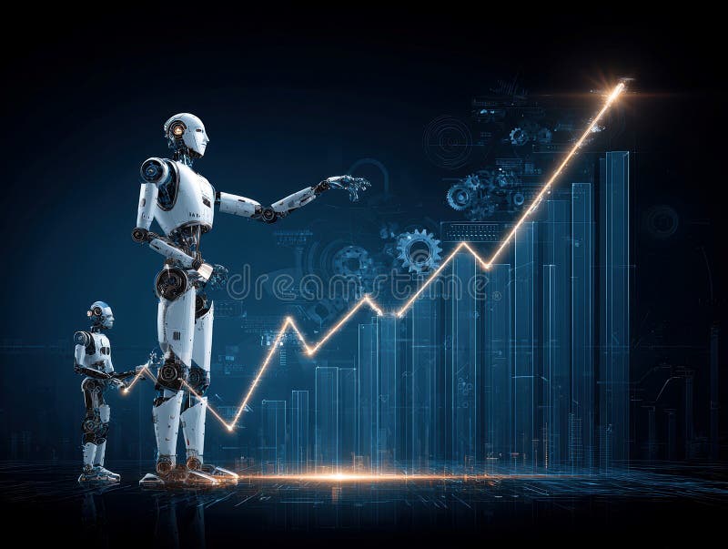 Two Humanoid Robots in a Futuristic Setting, Surrounded by Digital ...