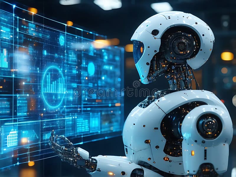 Advanced AI Robots Collaborating on a Digital Platform High-tech ...