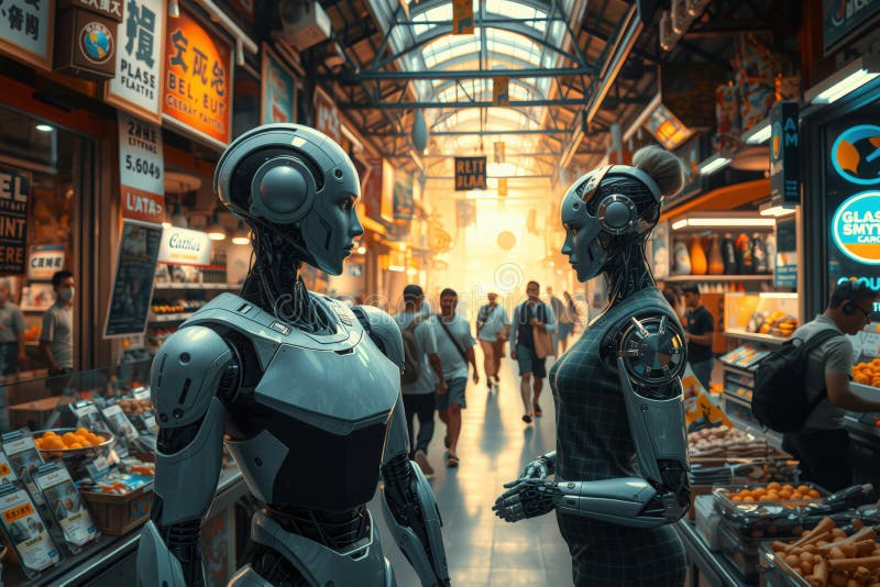 Two Humanoid Robots Interact in Bustling Market, Surrounded by People ...