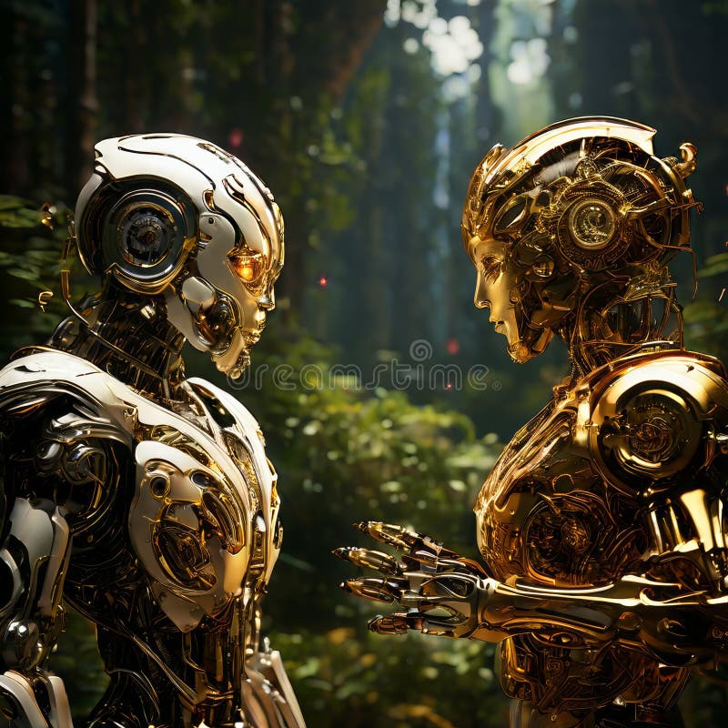 Two Humanoid Robots Interacting in a Lush Green Forest, Symbolizing ...
