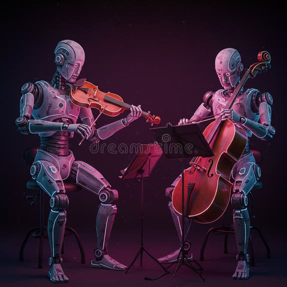 Two Humanoid Robots are Playing String Instruments in a Dimly Lit ...