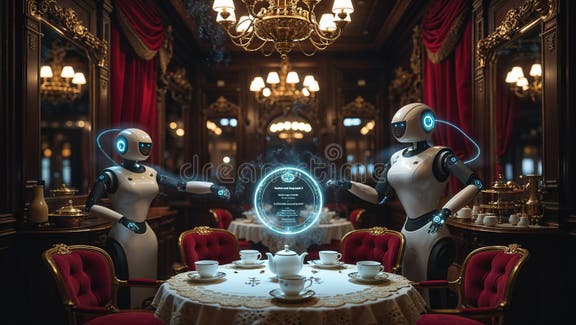 Two Humanoid Robots Serving Tea in Luxury Restaurant Stock Illustration ...